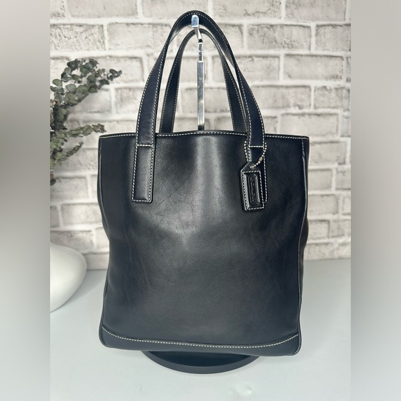 Coach | Bags | Coach Black Leather Tote With White Stitching In ...